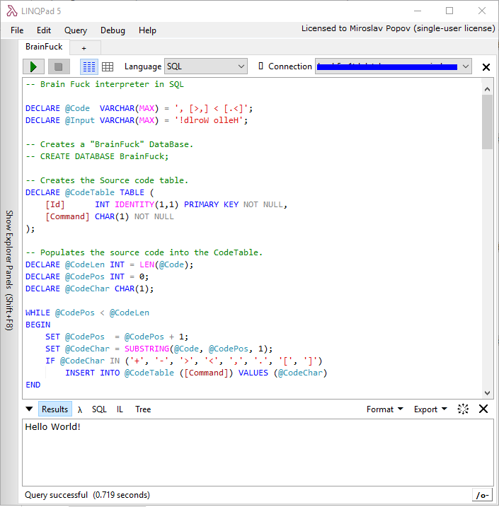 GitHub - PopovMP/BrainFuck-SQL: BrainFuck Interpreter in SQL